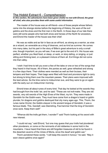 The Hobbit - Reading Skills and Comprehension | Teaching Resources