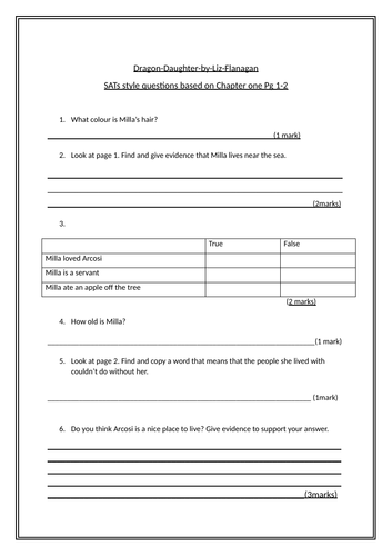 Dragon Daughter by Liz Flanagan SATs style reading comprehension ...