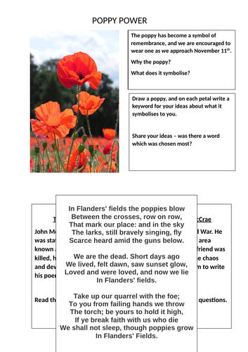 Remembrance Day poppy/In Flanders' Fields - one off/cover lesson ...