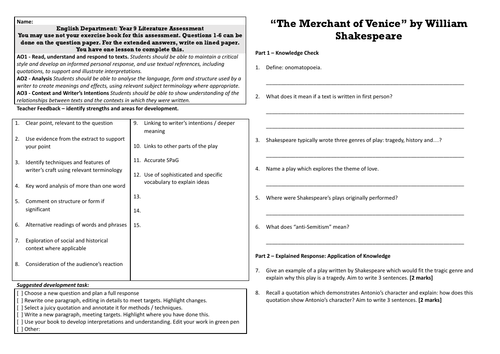 Merchant of Venice - Assessment and Mark Scheme | Teaching Resources