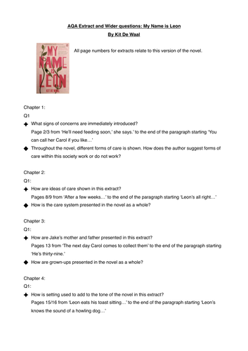 My Name is Leon comprehension questions based on extract followed by ...