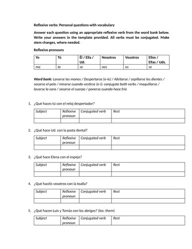 Reflexive verbs: Personal questions with vocabulary | Teaching Resources