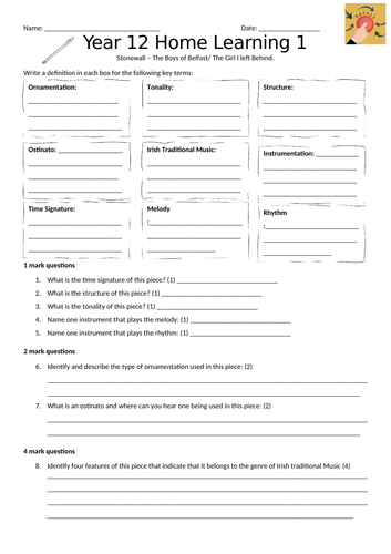 CCEA GCSE Music Stonewall Homework Worksheet | Teaching Resources