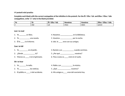 I-Y preterit verbs mini practice | Teaching Resources