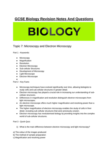 GCSE Biology Revision Notes And Quiz - Light Microscopes and Electron ...