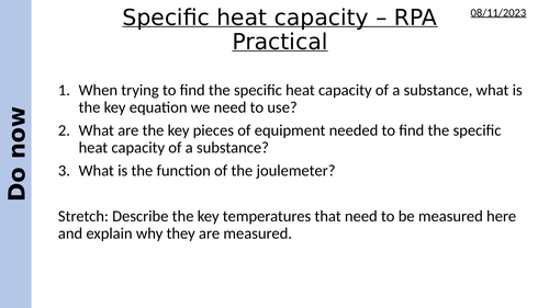 Specific heat capacity Required Practical (RPA) | Teaching Resources