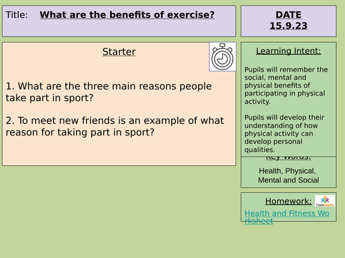 Lesson Slides and Exam Questions: Benefits of Exercise | Teaching Resources