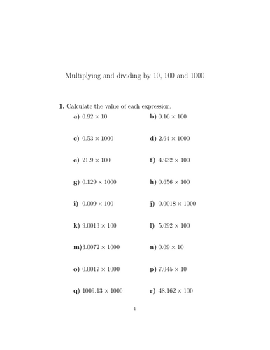 Multiplying and dividing by 10, 100 and 1000 worksheet (with solutions ...