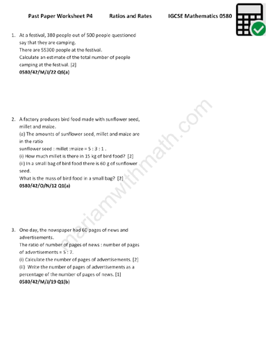Ratios : IGCSE Mathematics 0580 Past Papers Worksheet | Teaching Resources Ratios : IGCSE Mathematics 0580 Past Papers Worksheet | Teaching Resources