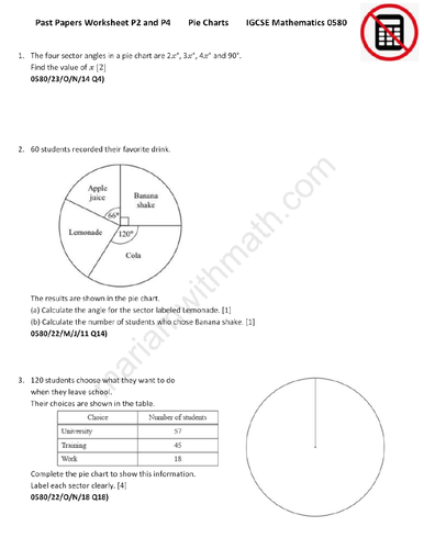 Pie Charts : IGCSE Mathematics 0580 Past Papers Worksheet | Teaching ...