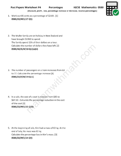 Percentages : IGCSE Mathematics 0580 Past Papers Worksheet | Teaching ... Percentages : IGCSE Mathematics 0580 Past Papers Worksheet | Teaching ...