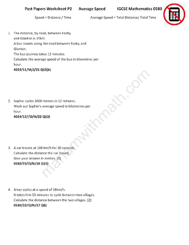 Average Speed : IGCSE Mathematics 0580 Past Papers Worksheet | Teaching Resources