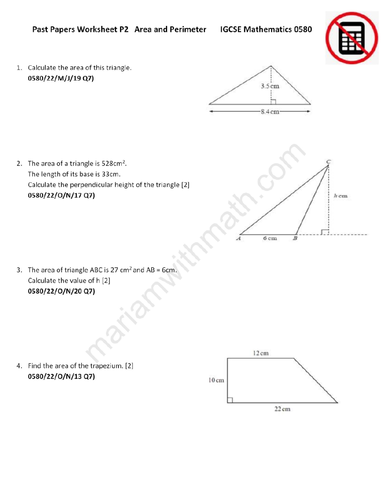 Area and Perimeter : IGCSE Mathematics 0580 Past Papers Worksheet ...