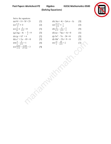 Algebra : IGCSE Mathematics 0580 Past Papers Worksheet | Teaching Resources