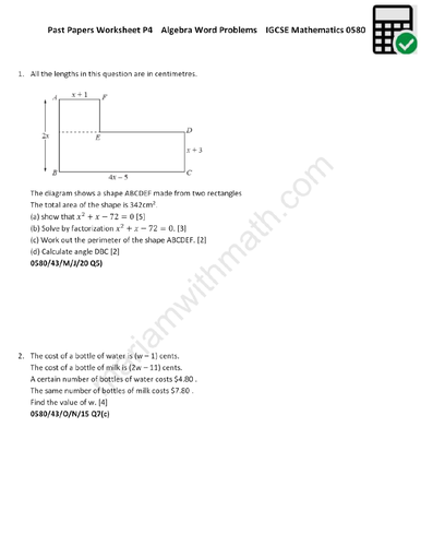 Algebra : IGCSE Mathematics 0580 Past Papers Worksheet | Teaching Resources Algebra : IGCSE Mathematics 0580 Past Papers Worksheet | Teaching Resources