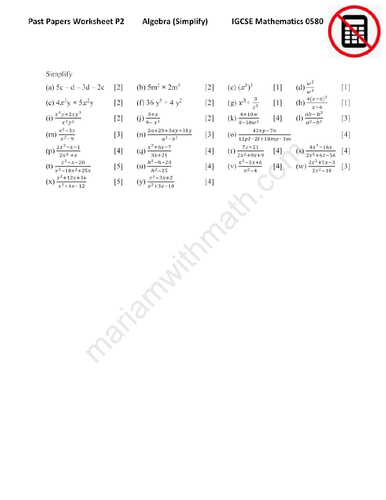 Algebra Igcse Mathematics 0580 Past Papers Worksheet Teaching Resources