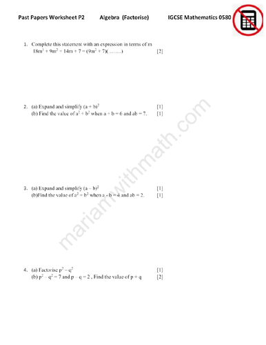 Algebra : IGCSE Mathematics 0580 Past Papers Worksheet | Teaching Resources