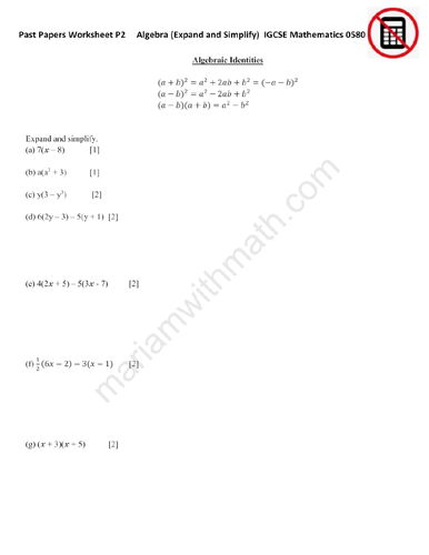 Algebra : IGCSE Mathematics 0580 Past Papers Worksheet | Teaching Resources