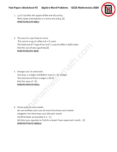 Algebra : IGCSE Mathematics 0580 Past Papers Worksheet | Teaching Resources Algebra : IGCSE Mathematics 0580 Past Papers Worksheet | Teaching Resources