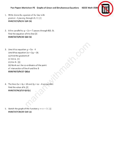 Straight Line Graphs : IGCSE Mathematics 0580 Past Papers Worksheet ...