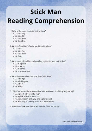 Stick Man by Julia Donaldson. Reading Comprehension and 5 Assorted ...