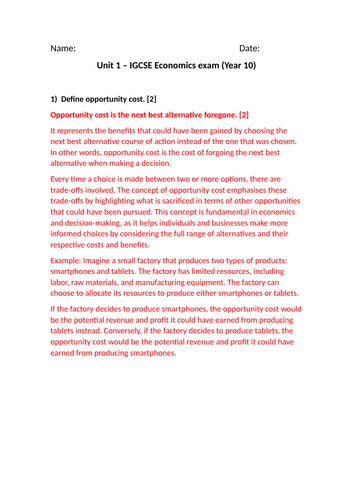 IGCSE Cambridge Economics (0987) Section 1 Exam | Teaching Resources