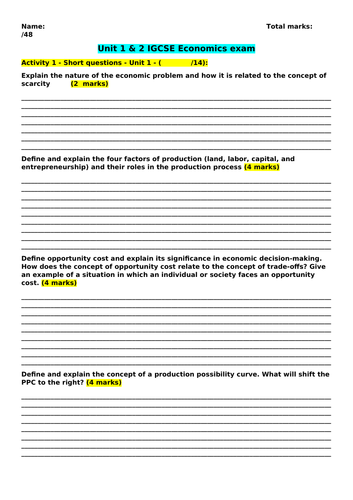 IGCSE Cambridge Economics (0987) Section 1 and 2 exam | Teaching Resources