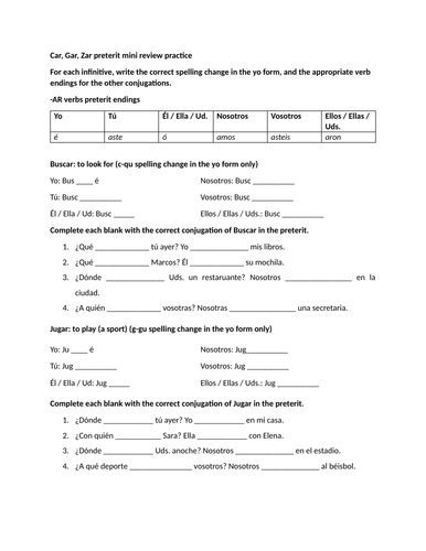 Car, Gar, Zar preterit mini review practice | Teaching Resources
