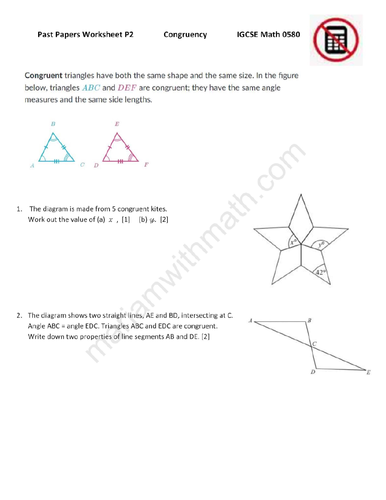 Congruency and Lengths of Similar Shapes : : IGCSE Mathematics 0580 Past Papers Worksheet ...