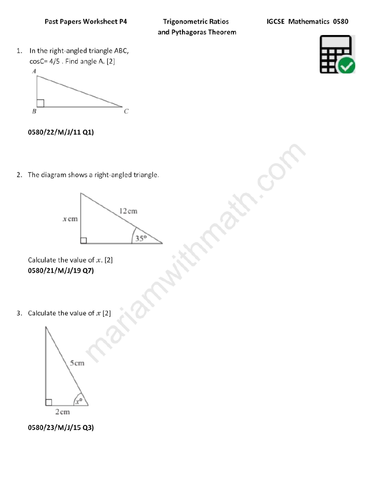 Pythagoras Theorem and Trigonometric Ratios : IGCSE Mathematics 0580 Past Papers Worksheet ...