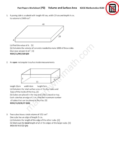 Volume And Surface Area Igcse Mathematics 0580 Past Papers Worksheet Teaching Resources