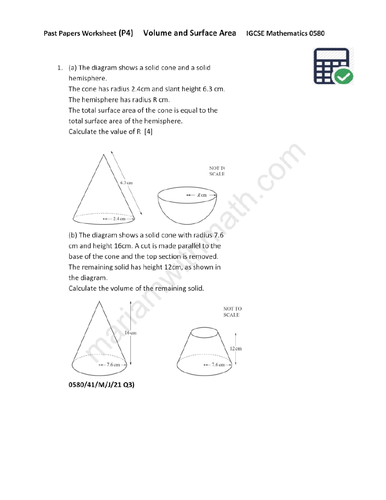 Volume and Surface Area : IGCSE Mathematics 0580 Past Papers Worksheet ...