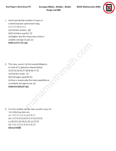 Averages (mean, median, mode, range and quartiles) : IGCSE Mathematics ...