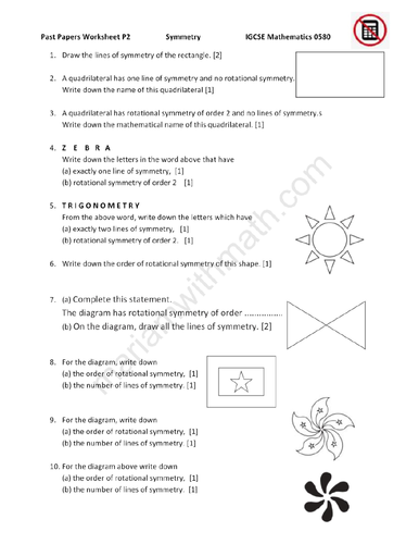 Symmetry Igcse Mathematics 0580 Past Papers Worksheet Teaching Resources
