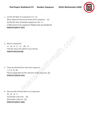 Number Sequence Igcse Mathematics 0580 Past Papers Worksheet