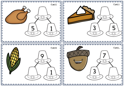 Thankgiving Maths Number Bond Task Cards 1-10 Center | Teaching Resources