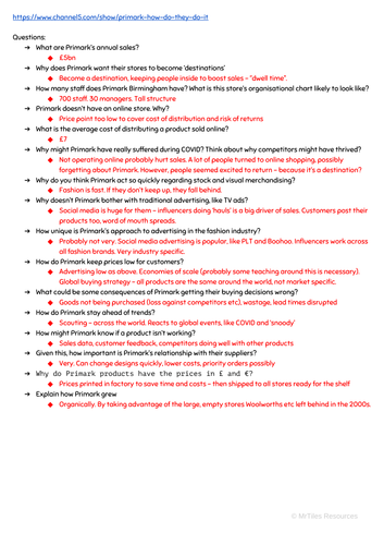 GCSE Business - Primark Channel 5 Question Sheet | Teaching Resources