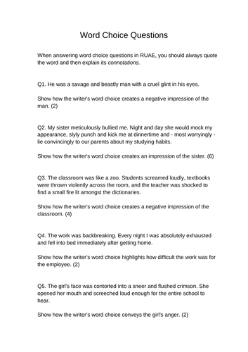 National 5 RUAE Word Choice Questions | Teaching Resources