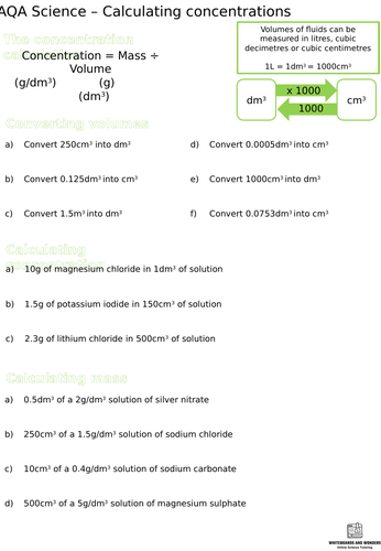 AQA - Quantitative Chemistry - Calculating Concentrations | Teaching ...