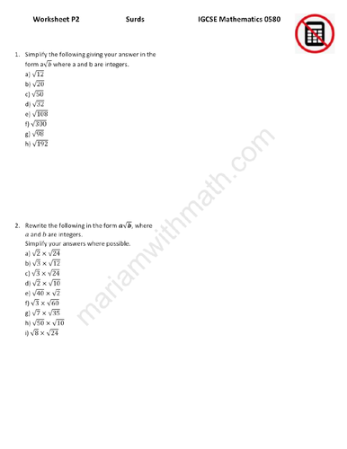 Surds Igcse Mathematics 0580 Past Papers Worksheet Teaching Resources