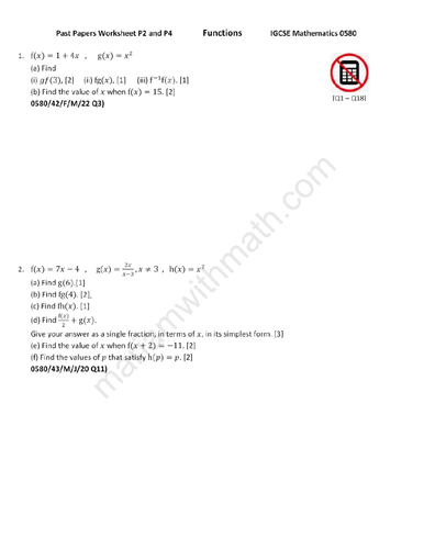 Functions Igcse Mathematics 0580 Past Papers Worksheet Teaching Resources