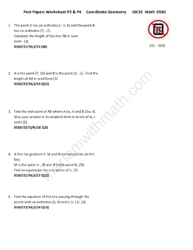 Coordinate Geometry : IGCSE Mathematics 0580 Past Papers Worksheet ...