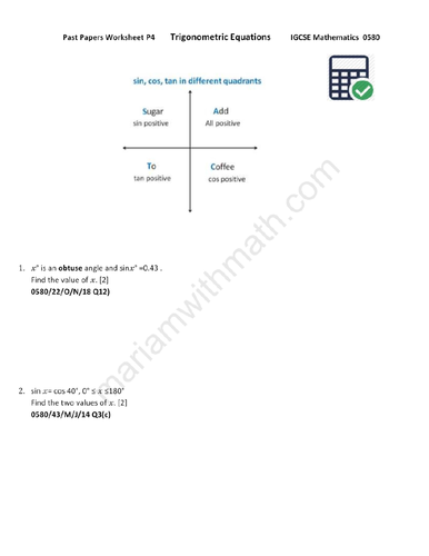 Trigonometry Igcse Mathematics 0580 Past Papers Worksheet Teaching