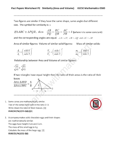 Similarity (Area, Volume , Mass) : IGCSE Mathematics 0580 Past Papers ...