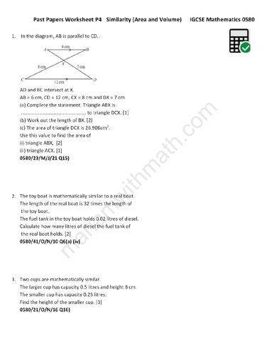 Similarity Area Volume Mass Igcse Mathematics 0580 Past Papers