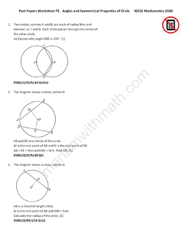Angle Properties of Circles : IGCSE Mathematics 0580 Past Papers Worksheet | Teaching Resources