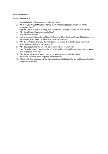 Pride and Prejudice Comprehension Questions - Complete Novel | Teaching ...