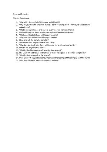 Pride and Prejudice Comprehension Questions - Complete Novel | Teaching ...