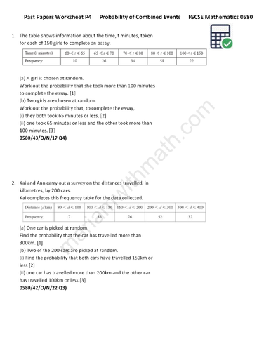 Probability : IGCSE Mathematics 0580 Past Papers Worksheet | Teaching ... Probability : IGCSE Mathematics 0580 Past Papers Worksheet | Teaching ...