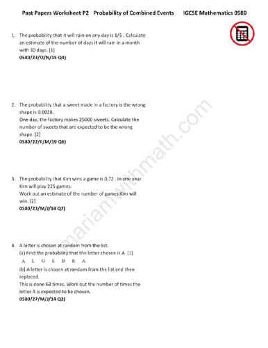 Probability : IGCSE Mathematics 0580 Past Papers Worksheet | Teaching ... Probability : IGCSE Mathematics 0580 Past Papers Worksheet | Teaching ...